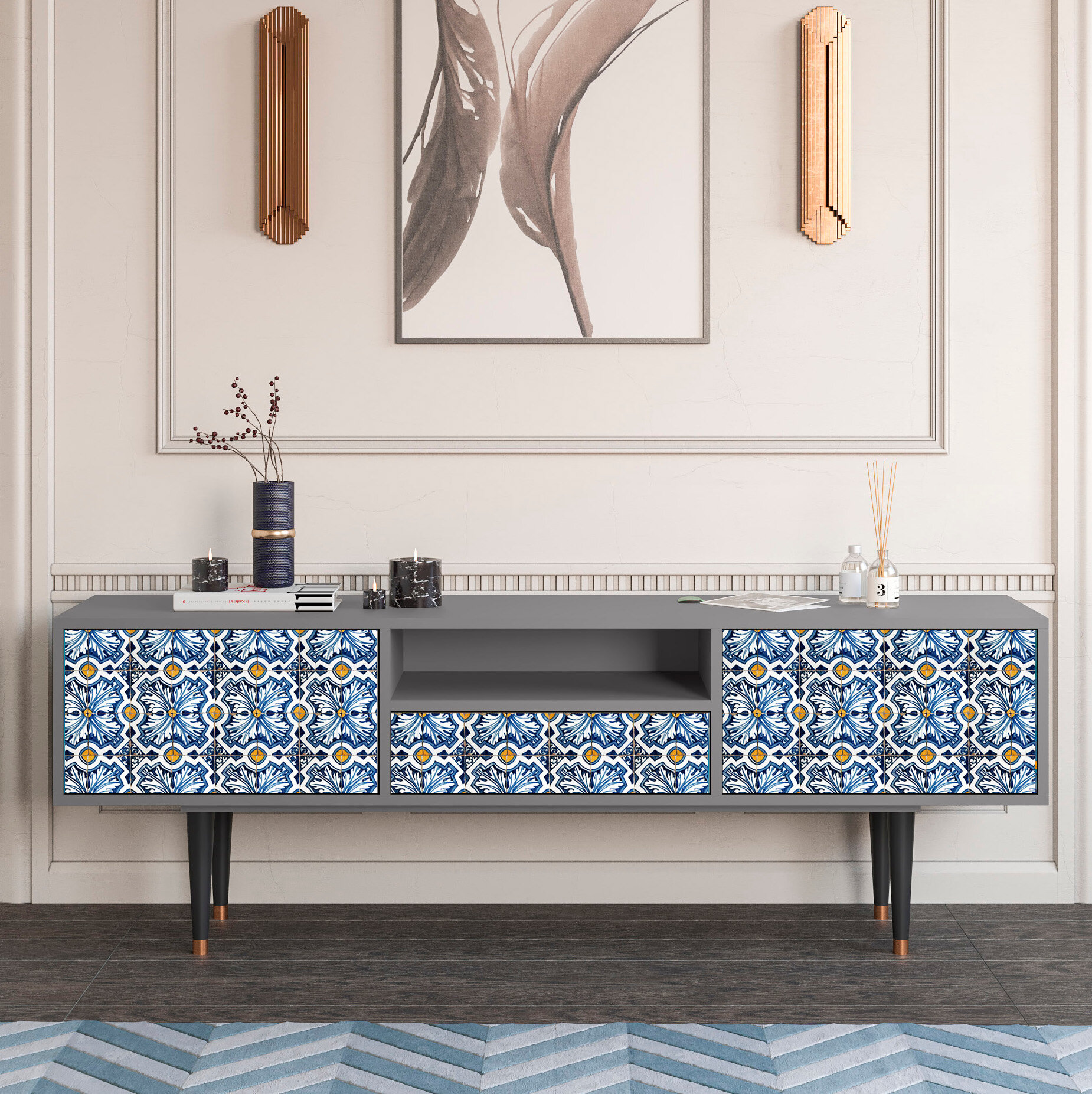 ТВ-Тумба - STORYZ - T6 Lovely Cornflowers, Размер - 170 x 69 x 41 см, Цвет корпуса - , Серый