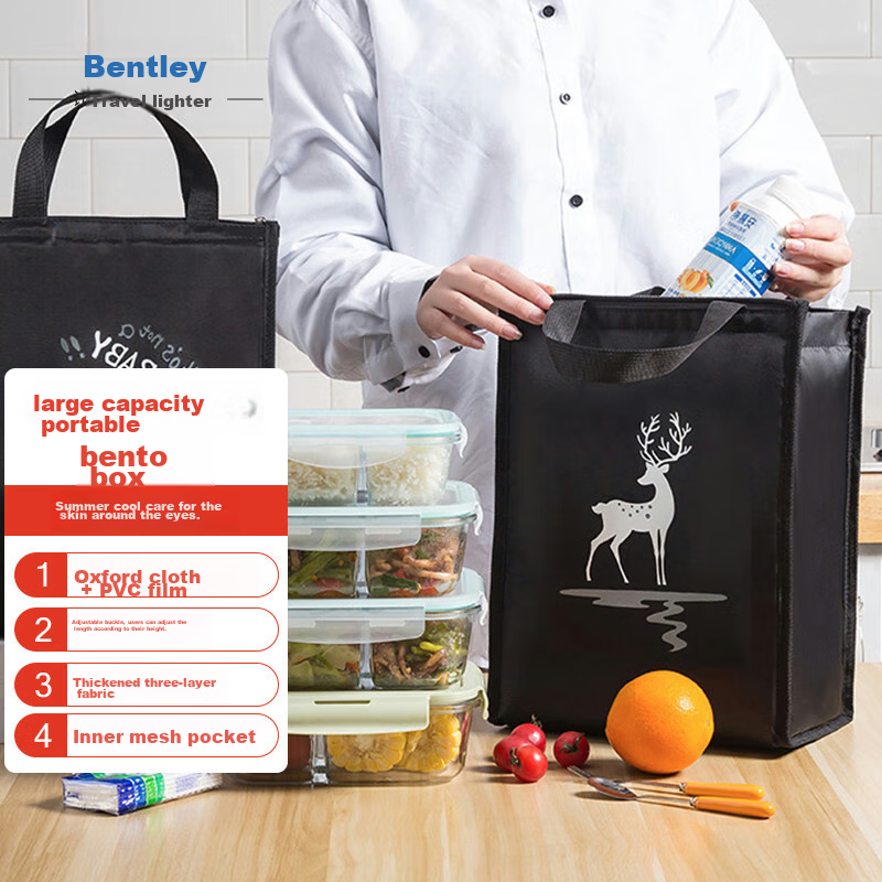 Banzhenni Lunch Box Bag, Bento Bag, Bento Container, Food Storage Bag, Multi-Functional Handheld Bag with Aluminum Foil, Cold And Heat Insulation Bag, Milk Storage Bag, Large Black Deer Design