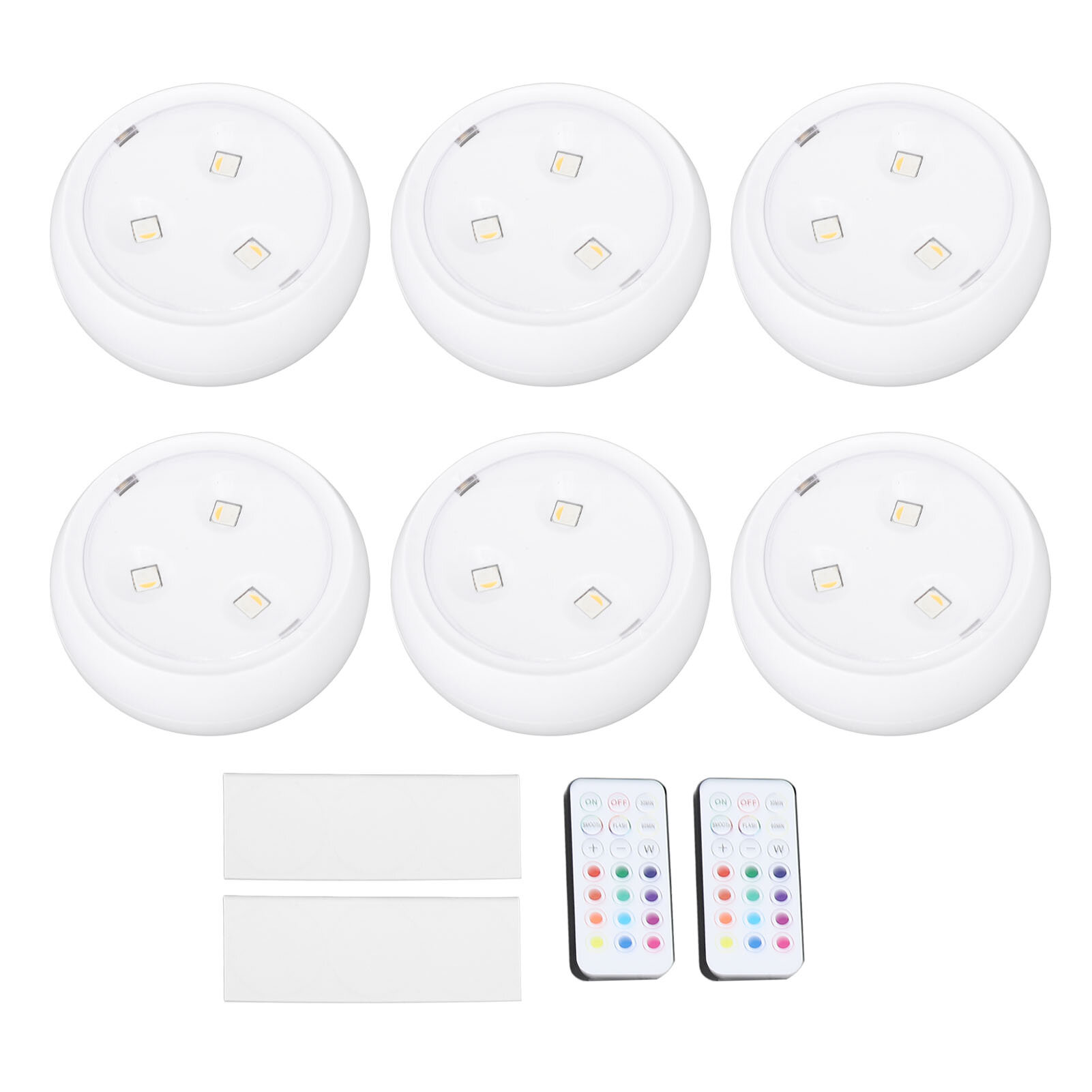 6 шт. светодиодные фонари для шайб, меняющие цвет на батарейках, под освещением в шкафу, с 2 пультами дистанционного управления и таймером для полок, шкафов