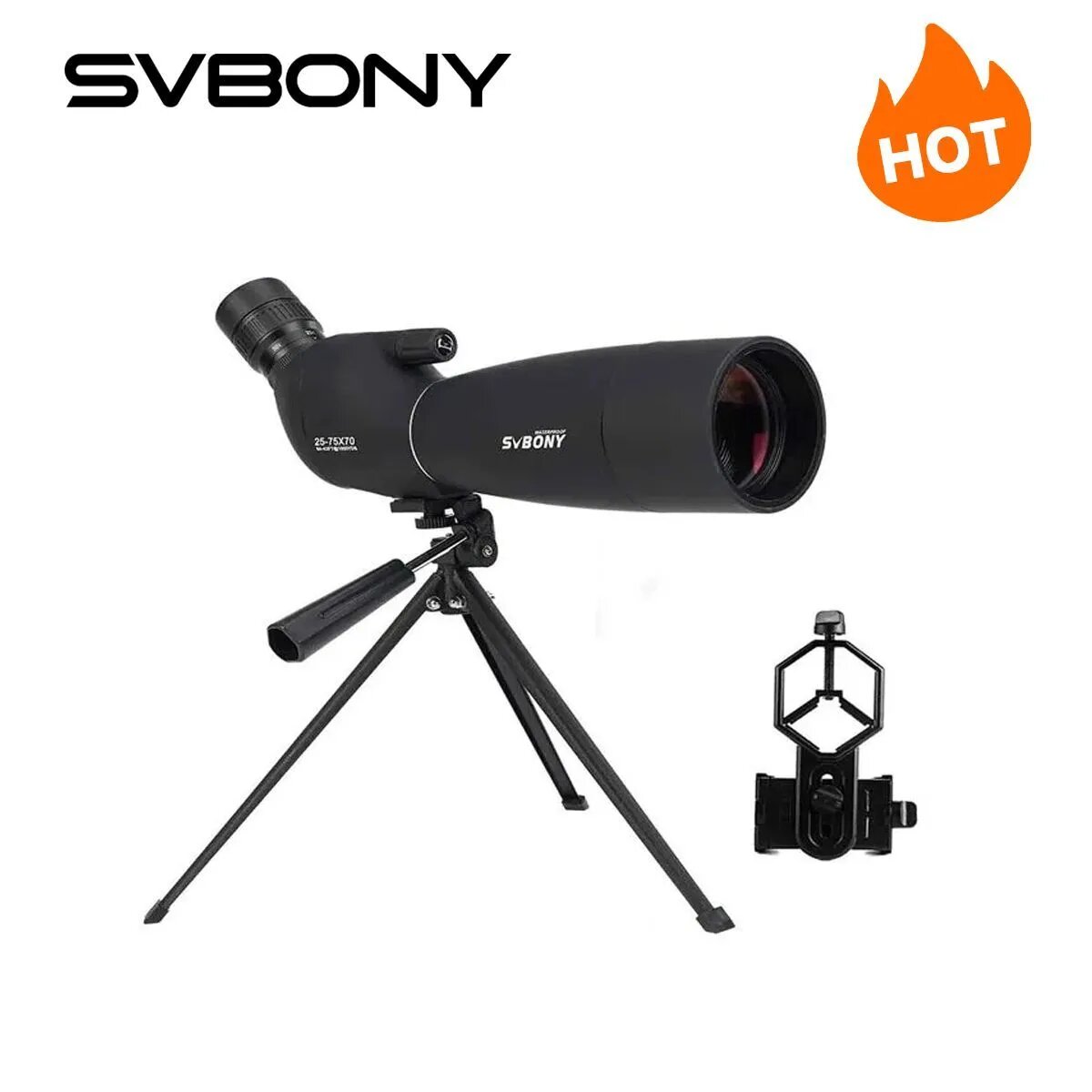 Зрительная труба SVBONY SV28 PLUS 25-75x 70мм, большой окуляр c SV214 черная подставка для фотографий для мобильного телефона
