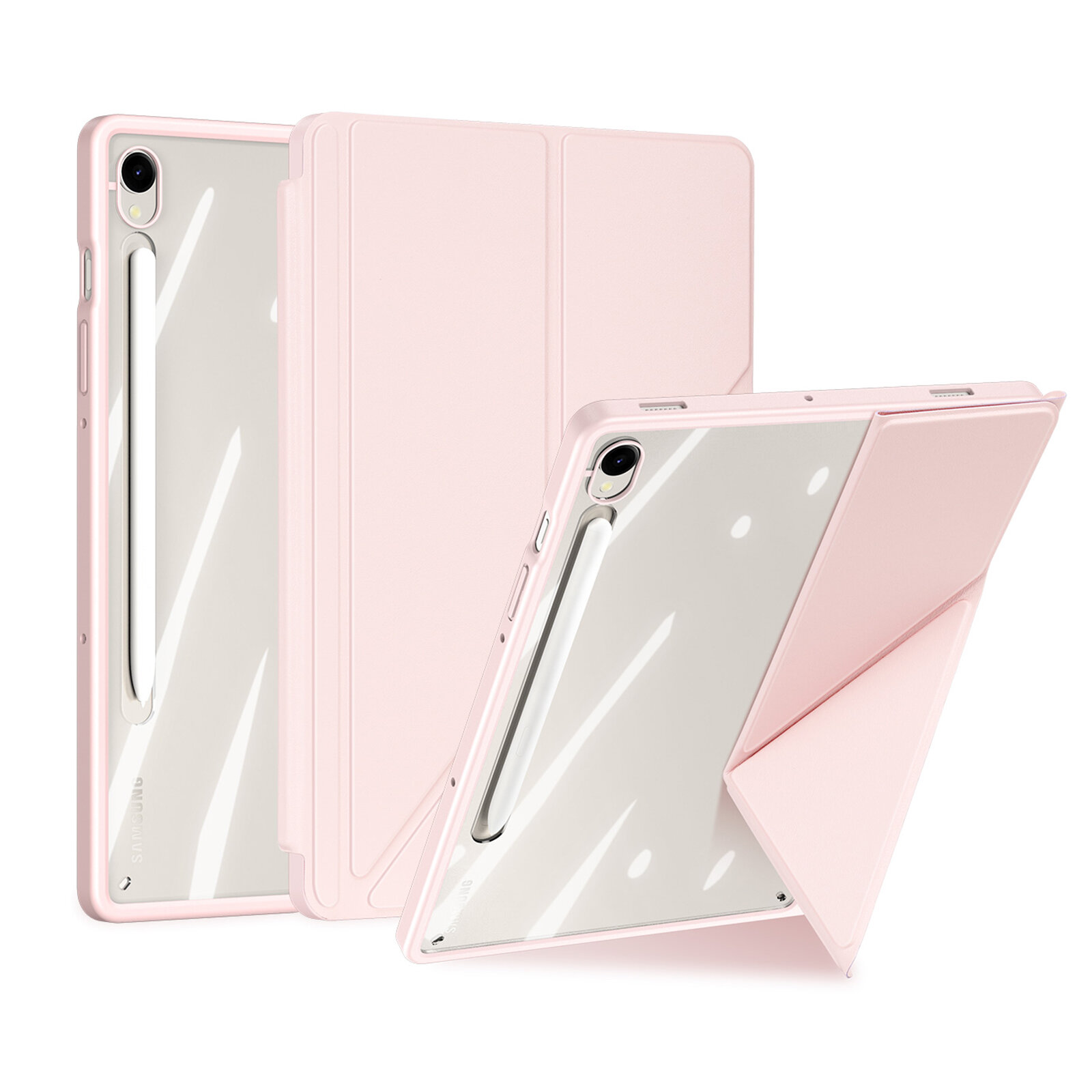 Чехол книжка розового цвета от Dux Ducis для Samsung Galaxy Tab S9, Tab S9 FE и Tab S10 FE, серия Magi Series Case, с держателем Pencil и функцией автоматического перехода в спящий режим