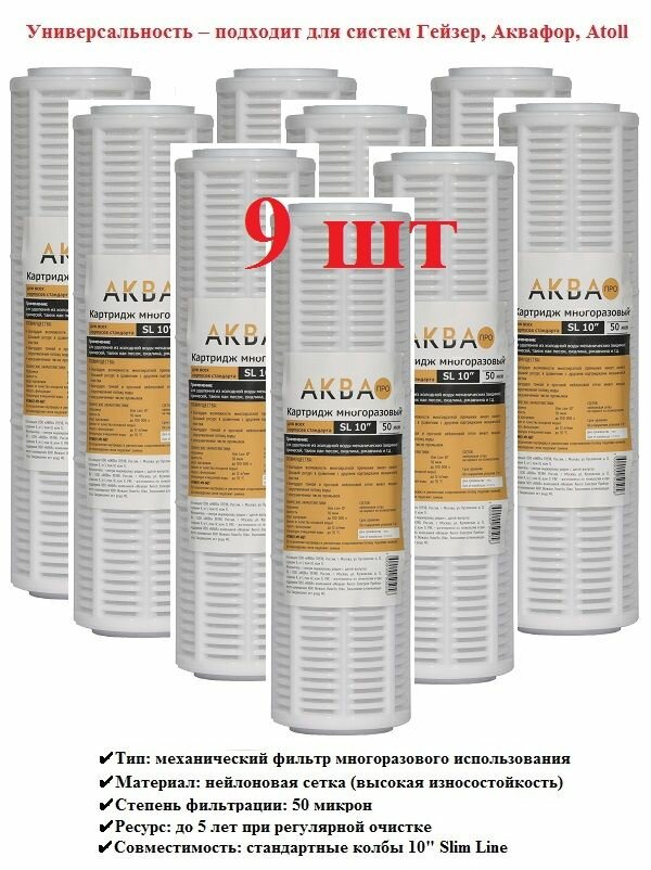 Картридж механической очистки из нейлоновой сетки Аква Про 10SL, многоразовый, 50 мкм -9 шт