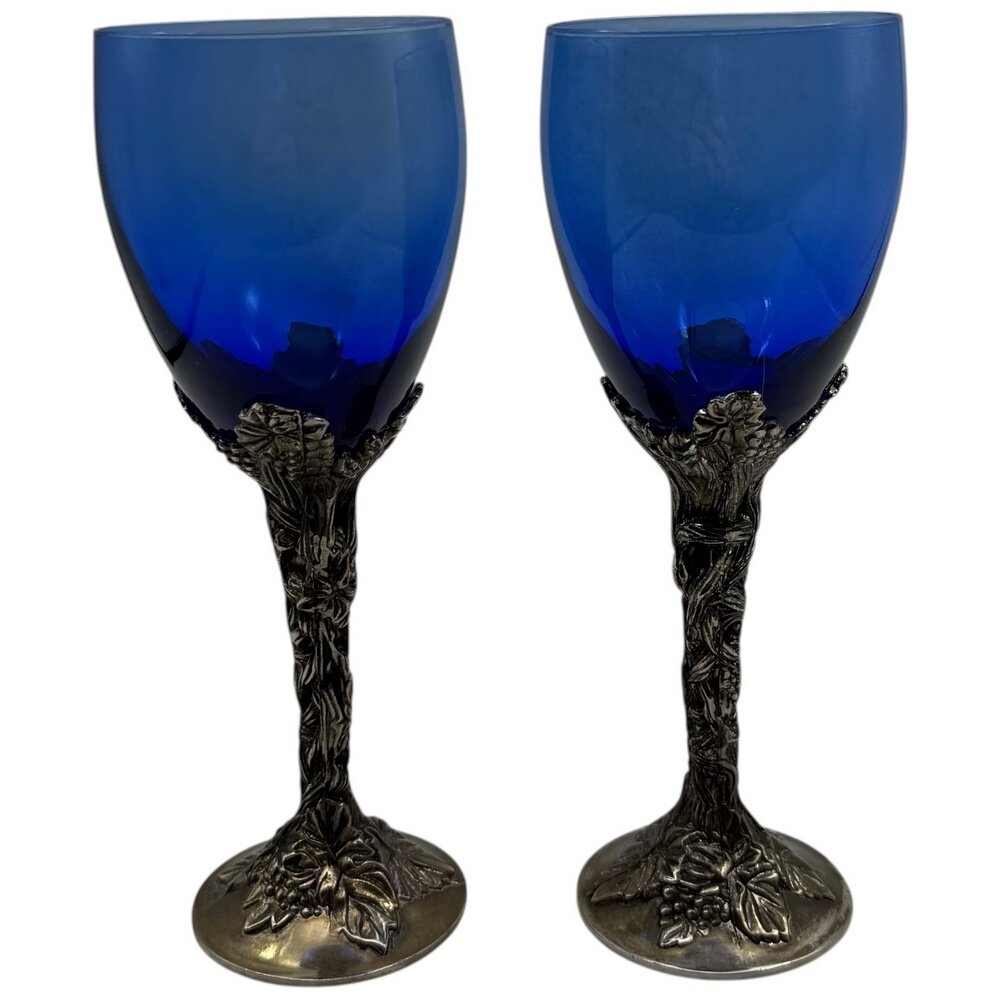Фужер "Виноградная лоза" (набор 2 шт), 250 мл, олово, синее стекло, 1950-1960 гг, Германия