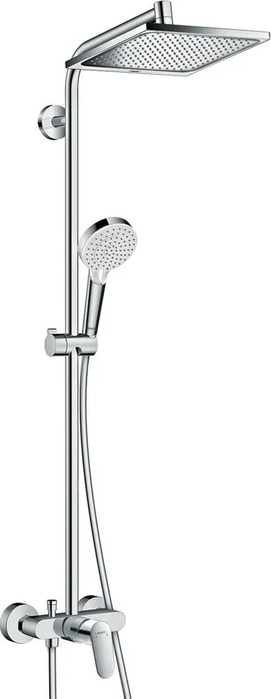Душевая стойка Hansgrohe Crometta E 240 1jet Showerpipe 27284000 со смесителем, хром, глянцевая, с тропическим душем, с лейкой, душевая система, латунная, рычаг сбоку
