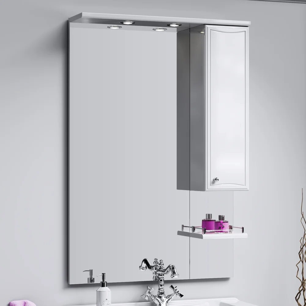 Зеркало Aqwella Барселона 80 с подсветкой, с полкой, со шкафчиком, 80 см, с розеткой, белое
