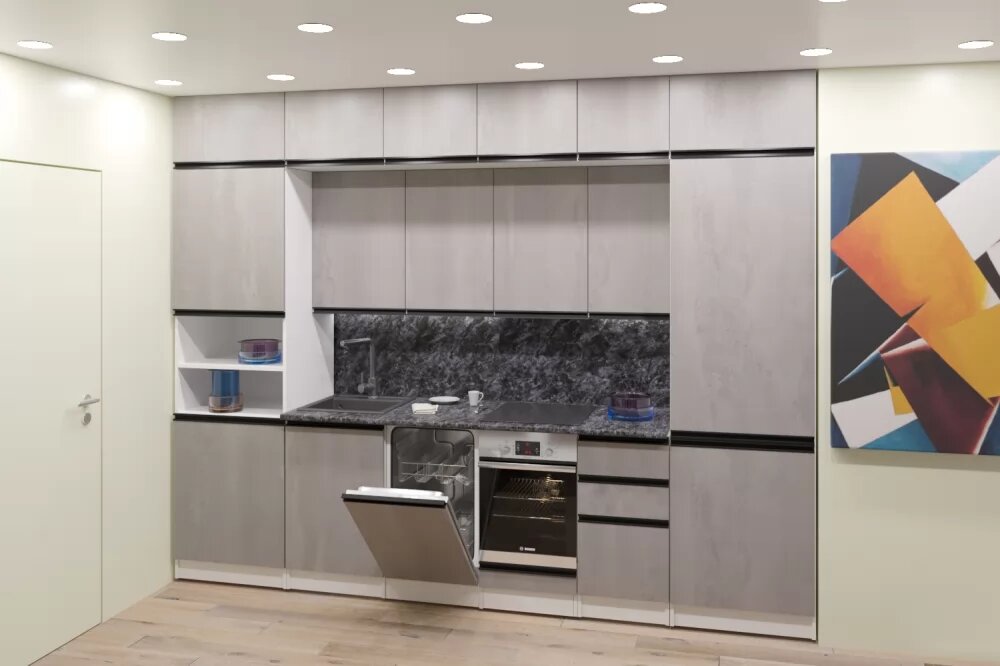 Кухонный гарнитур Герда Сюита люкс 3000 мм, каркас ЛДСП, фасад ЛДСП, Белый/Бетон светлый