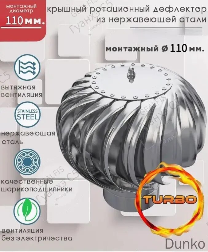 Дефлектор вентиляции 110мм, турбо-вентилятор, нержавеющая сталь