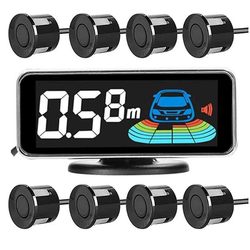 Комплект нескольких радарных датчиков парковки с подсветкой, парктроник, светодиодный дисплей, резервный монитор, детектор, помощник, датчик 4/8, сигнализация, 4 sensors, Black sensors