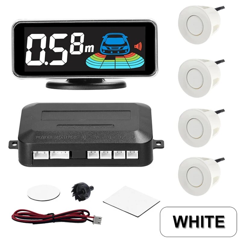 Автомобильный реверсивный радар, 4 датчика, автомобильный парктроник, светодиодный парковочный радар, монитор, система детектора, дисплей парковки, сигнализация о расстоянии препятствий, White