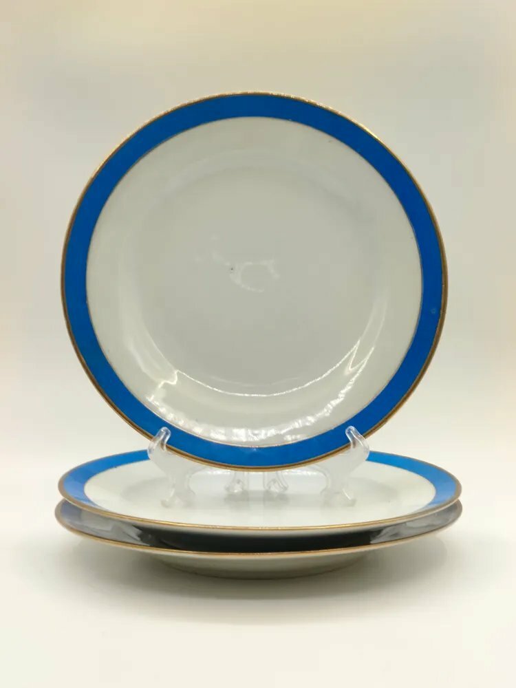 Набор из 3-х обеденных тарелок с сине-золотой каймой, фарфор, золочение, Китай