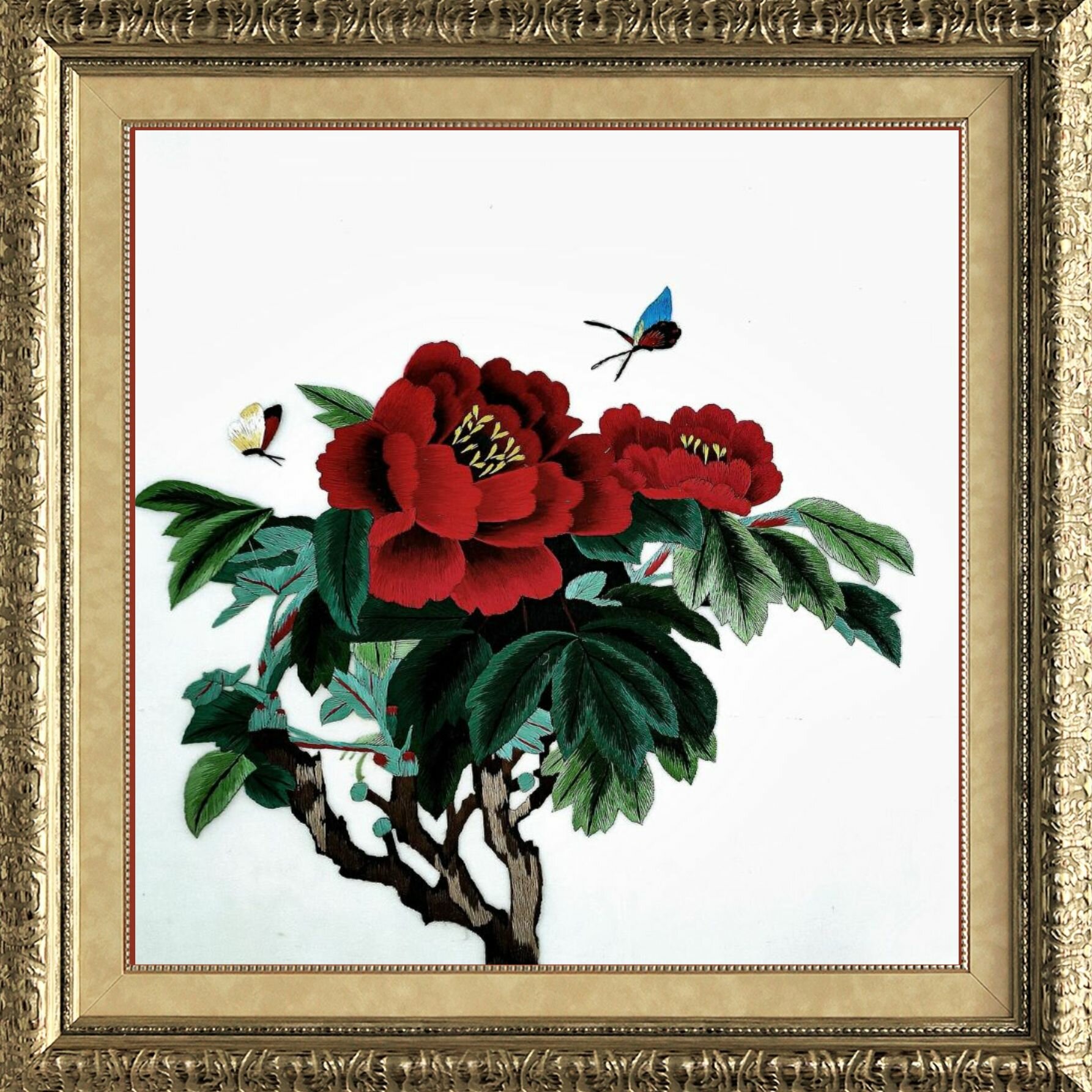 Картина Живой Шелк Пионы Королева Виктория двухсторонняя вышивка шелком ручная с 3D /см 50х50х3/багет+паспарту