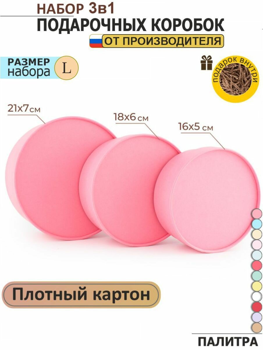 Круглая подарочная коробка шляпная с глухой крышкой с наполнителем для подарка, ГК, 3в1, фламинго, набор 3шт: 21х7 - 1шт, 18х6см - 1шт, 16х5см - 1шт