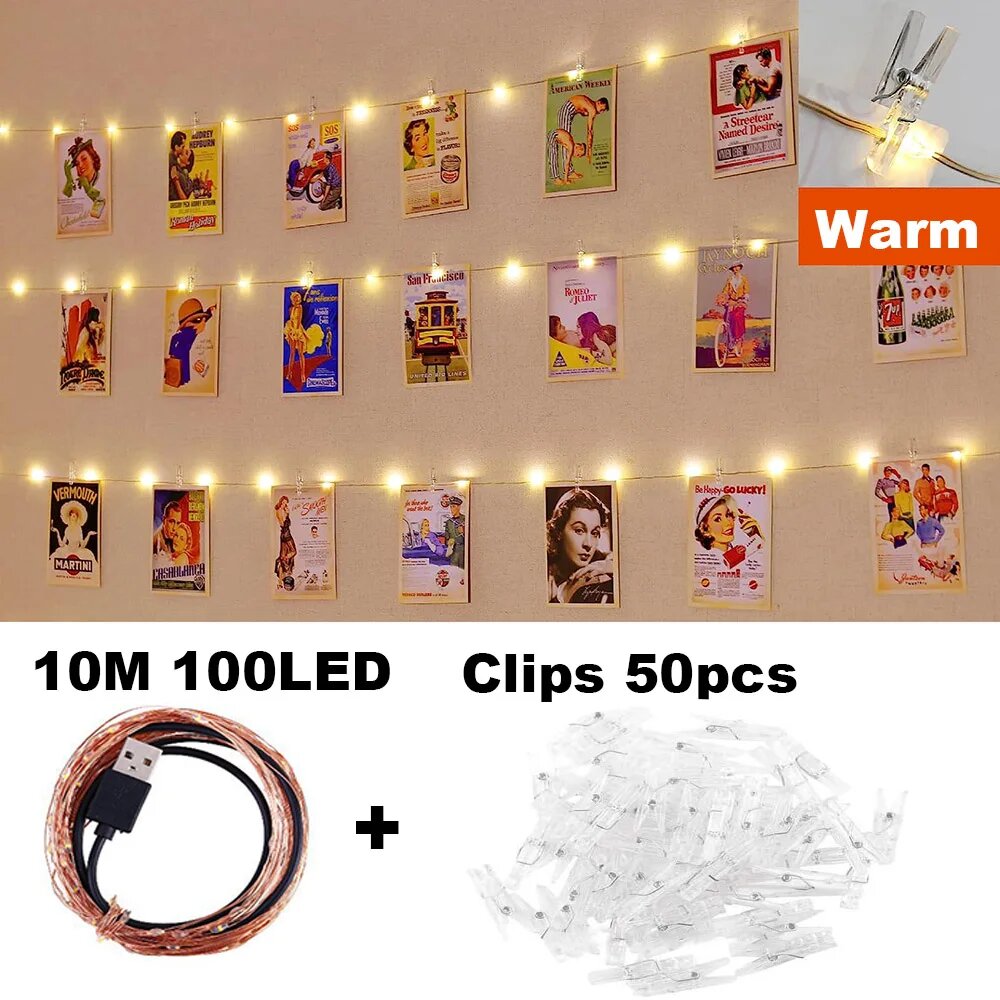 USB светодиодная гирлянда для фото с 50/30/20 зажимами Warm 100led 50Clip