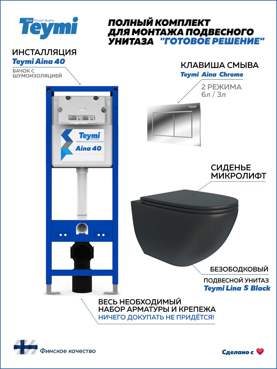 Инсталляция с унитазом комплект 5 в 1 Teymi унитаз подвесной безободковый черный Lina S Black кнопка хром F16773