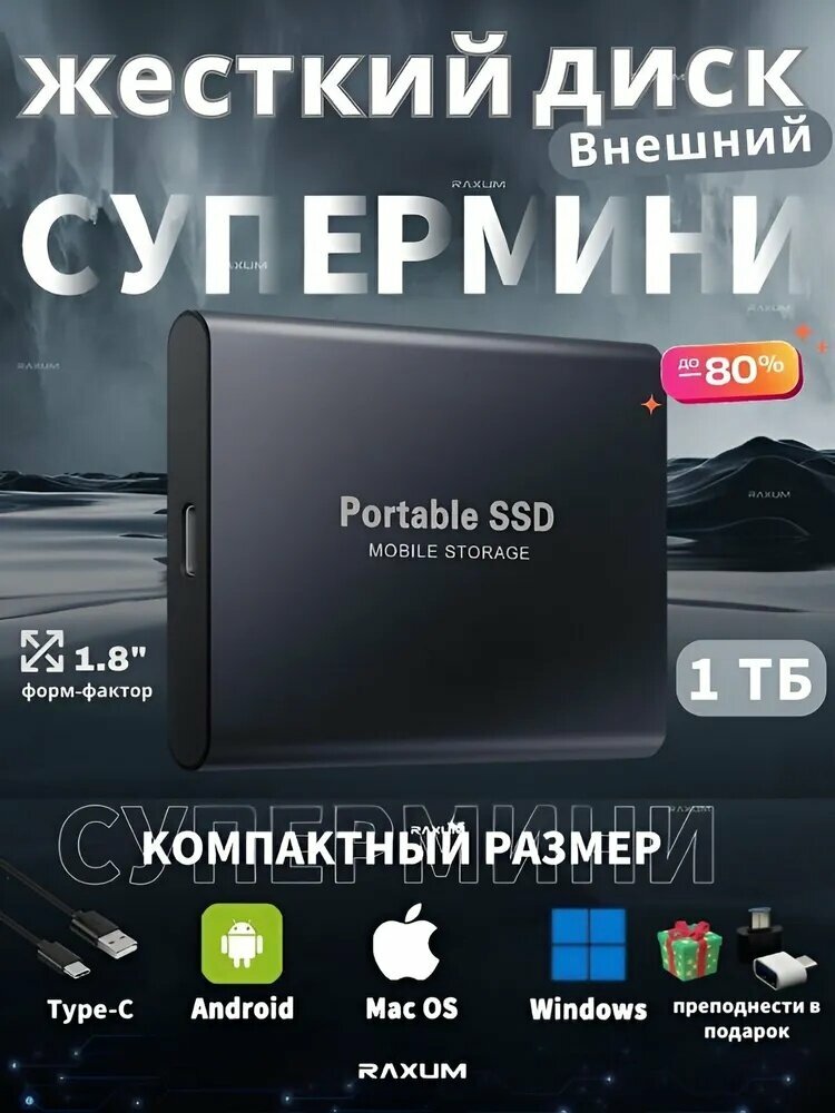 Внешний жёсткий диск Raxum Portable SSD PRO, 1 TB, металл, чёрный матовый