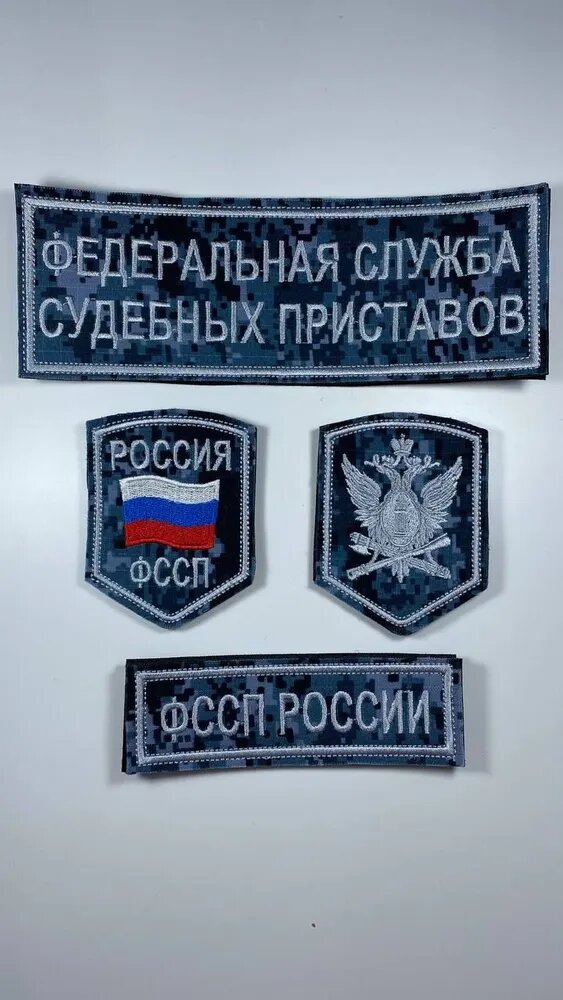 Комплект шевронов Федеральной Службы Судебных Приставов нарукавный 2 штуки, на грудь 37/130, на спину 70*210, материал для формы фссп. С липучкой. Размер измеряется по краям вышивки