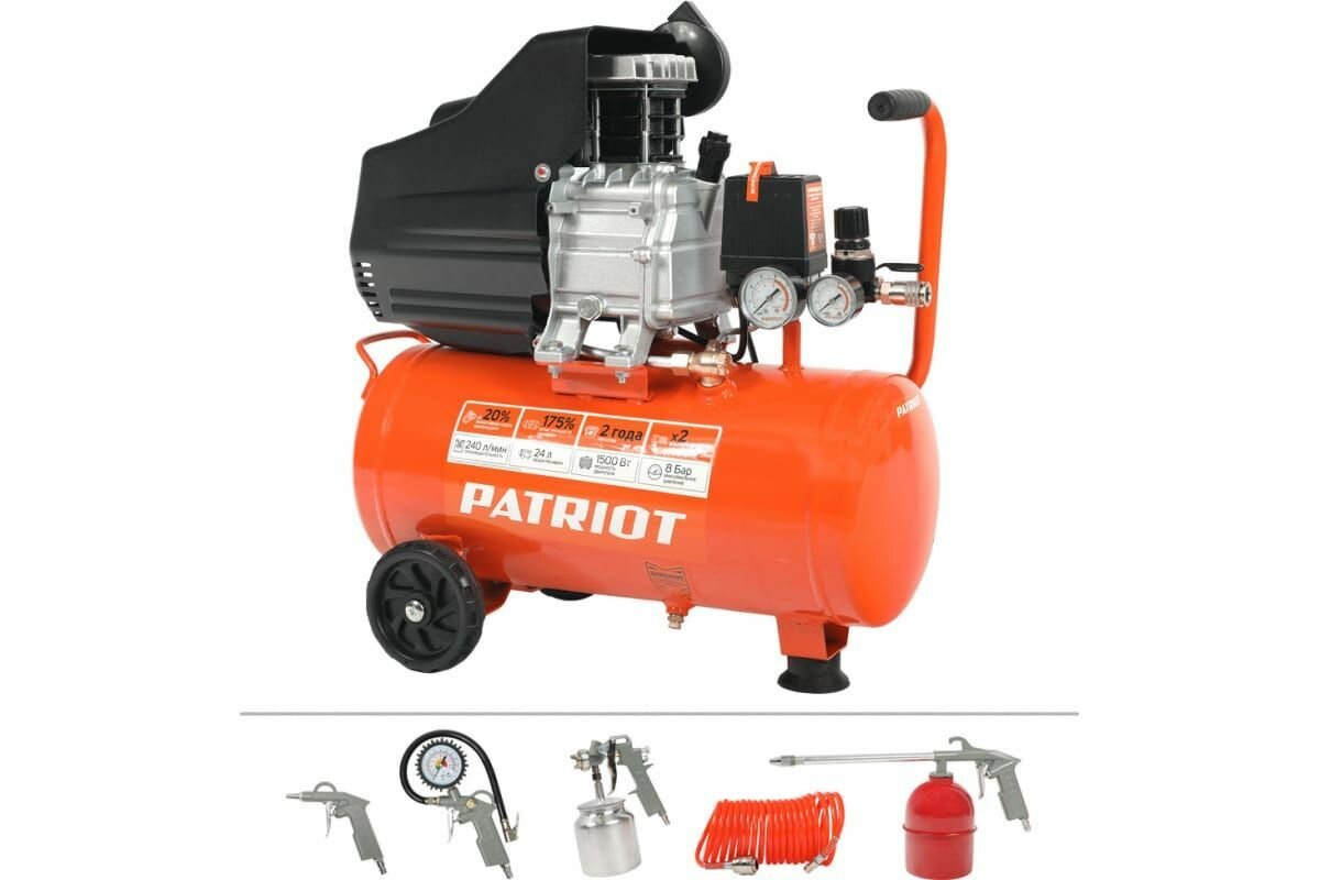Компрессор Patriot поршневой масляный EURO 24-240K2, 240 л/мин, 8 бар, 1500 Вт, 24 л, быстросъемный 1/4" + "елочка", набор пневмоинструмента KIT 5C