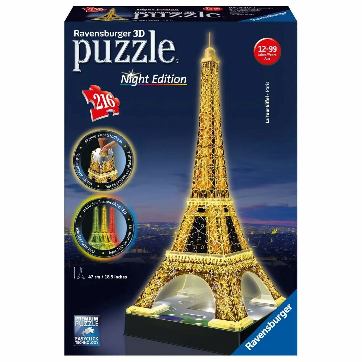 Пазл Ravensburger 3D Ночная Эйфелева башня (12579), 216 дет, фиолетовый
