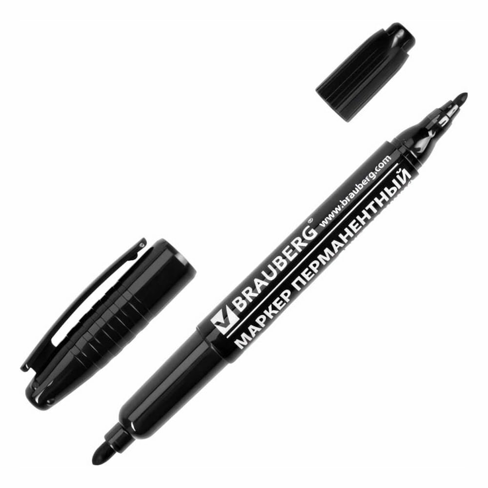 Маркер 12 шт в упаковке BRAUBERG перманентный нестираемый двусторонний черный круглый наконечник 2-4мм 150836