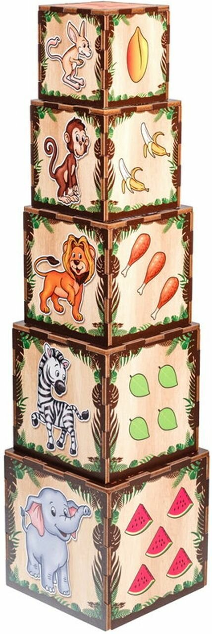 Пирамидка Smile Decor "Африка", кубики для изучения животных, геометрических фигур и понятия "больше-меньше", сортер с цифрами для обучения счету