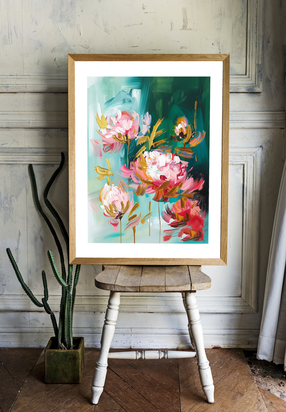 Постер "Абстракция розовых цветов с золотом" 40x50 см в подарочном тубусе