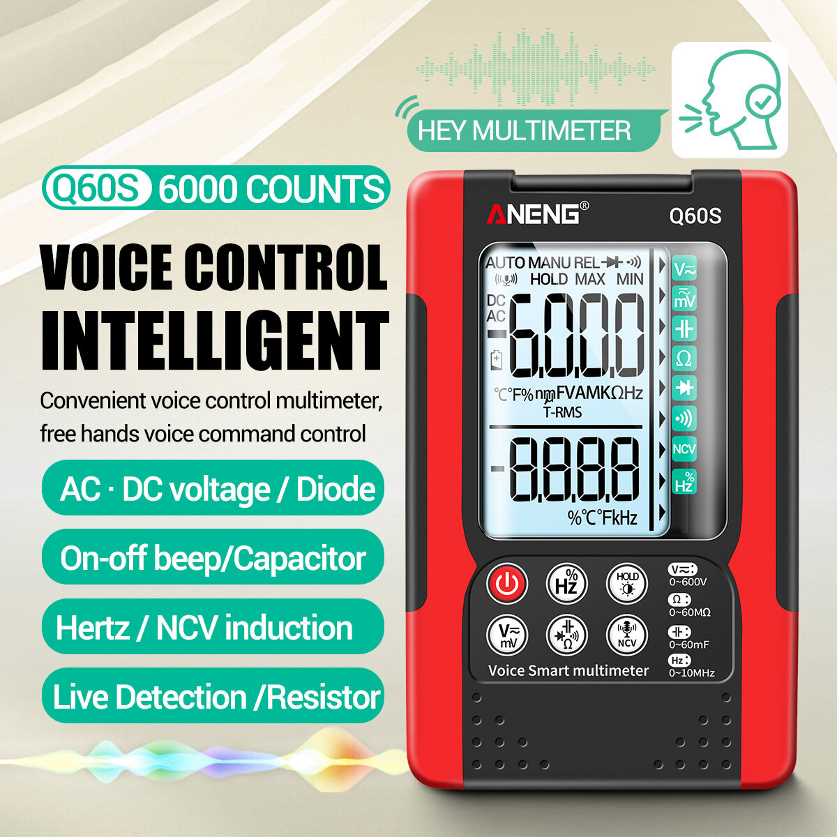 Цифровой мультиметр ANENG Q60S с голосовым управлением TRMS 6000 отсчетов Портативный