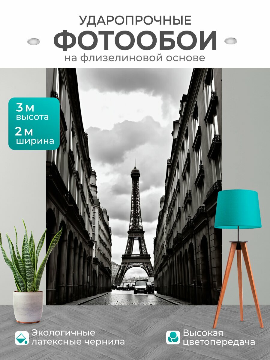 Фотообои моющиеся ударопрочные "Древние улицы парижа в пасмурный день, белые облака на фоне серых зданий, черно-белая фотография, контрастные текстуры," 200x300 см. флизелиновые на стену