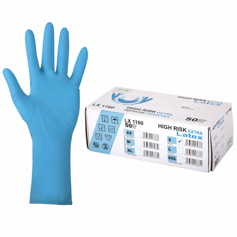Перчатки латексные смотровые сверхпрочные SFM HIGH RISK LX 1160, Германия, 25 пар (50 штук), размер 6-7, S (малый), 631510