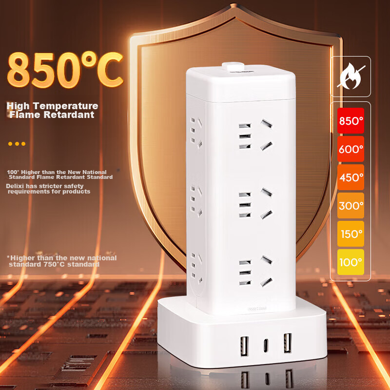 DELIXI Vertical Power Strip/Extension Cord/Power Bar/Power Strip/Power Board/Power Strip/Power Cable, 8 Outlets with Five Holes, USB + TYPE-C Ports, Master Switch, 1.7 Meters, Overload Protection