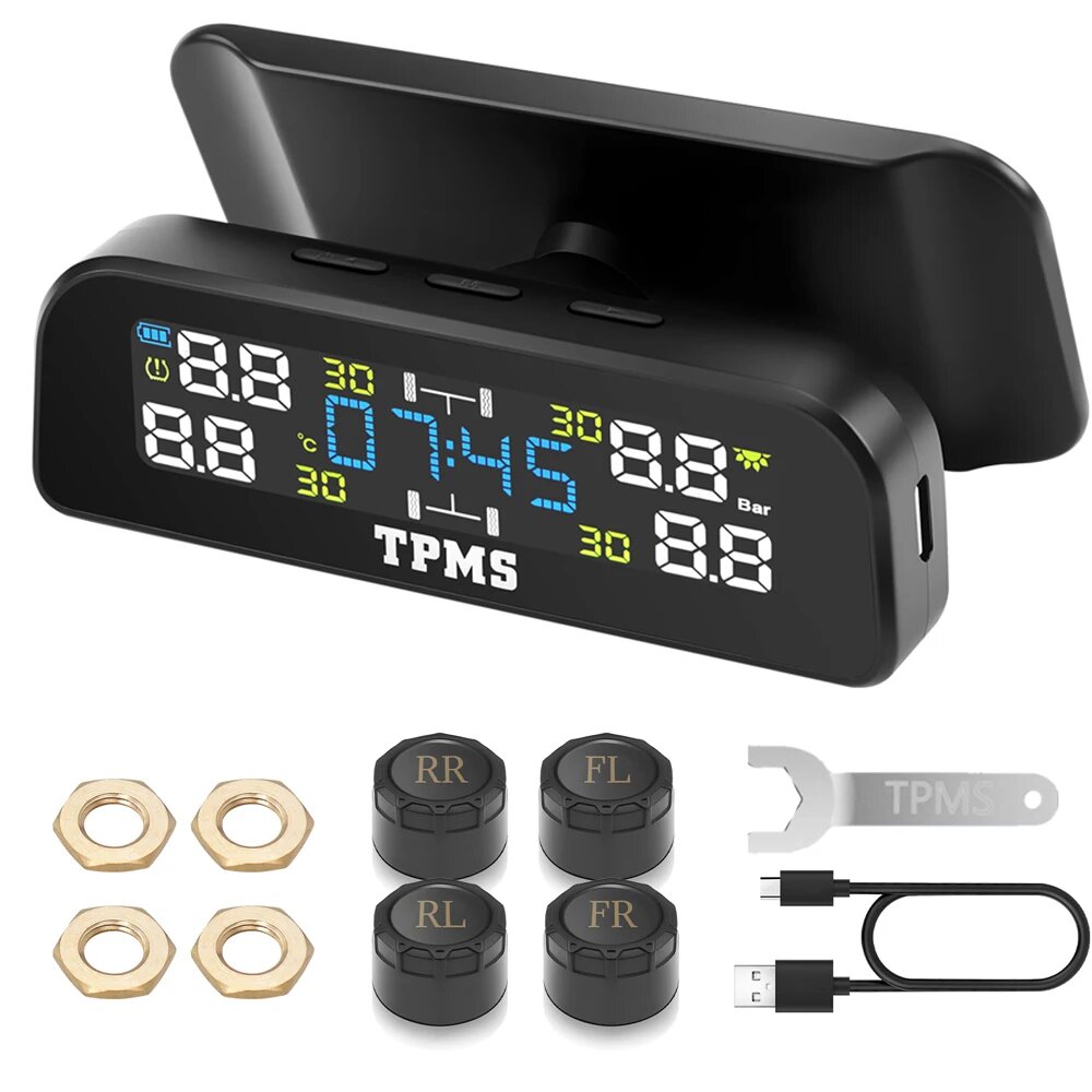 Автомобильные датчики давления в шинах TPMS, солнечная система контроля давления в шинах, TMPS, сигнализация температуры, 4-колесный внешний датчик в шинах
