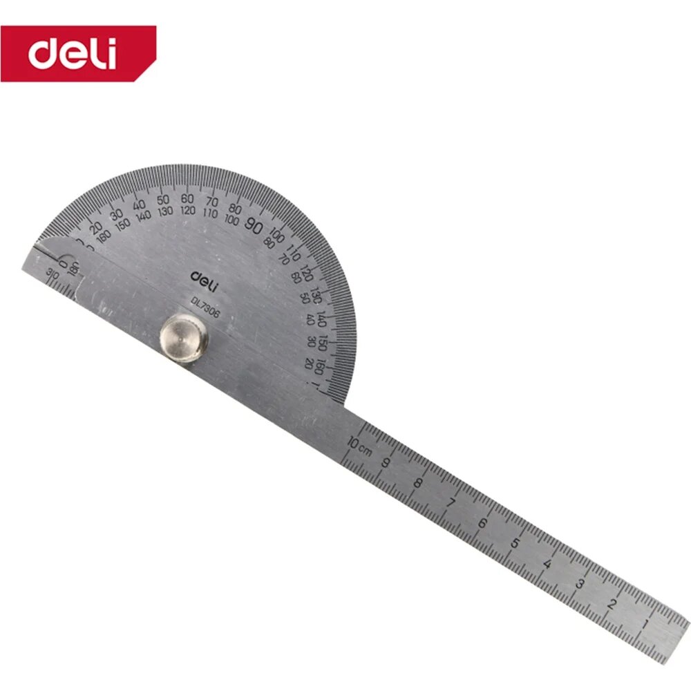 Транспортир переставной с линейкой DELI 150мм DL7306 диапазон 0-180 град, нержавеющая сталь, точного измерения