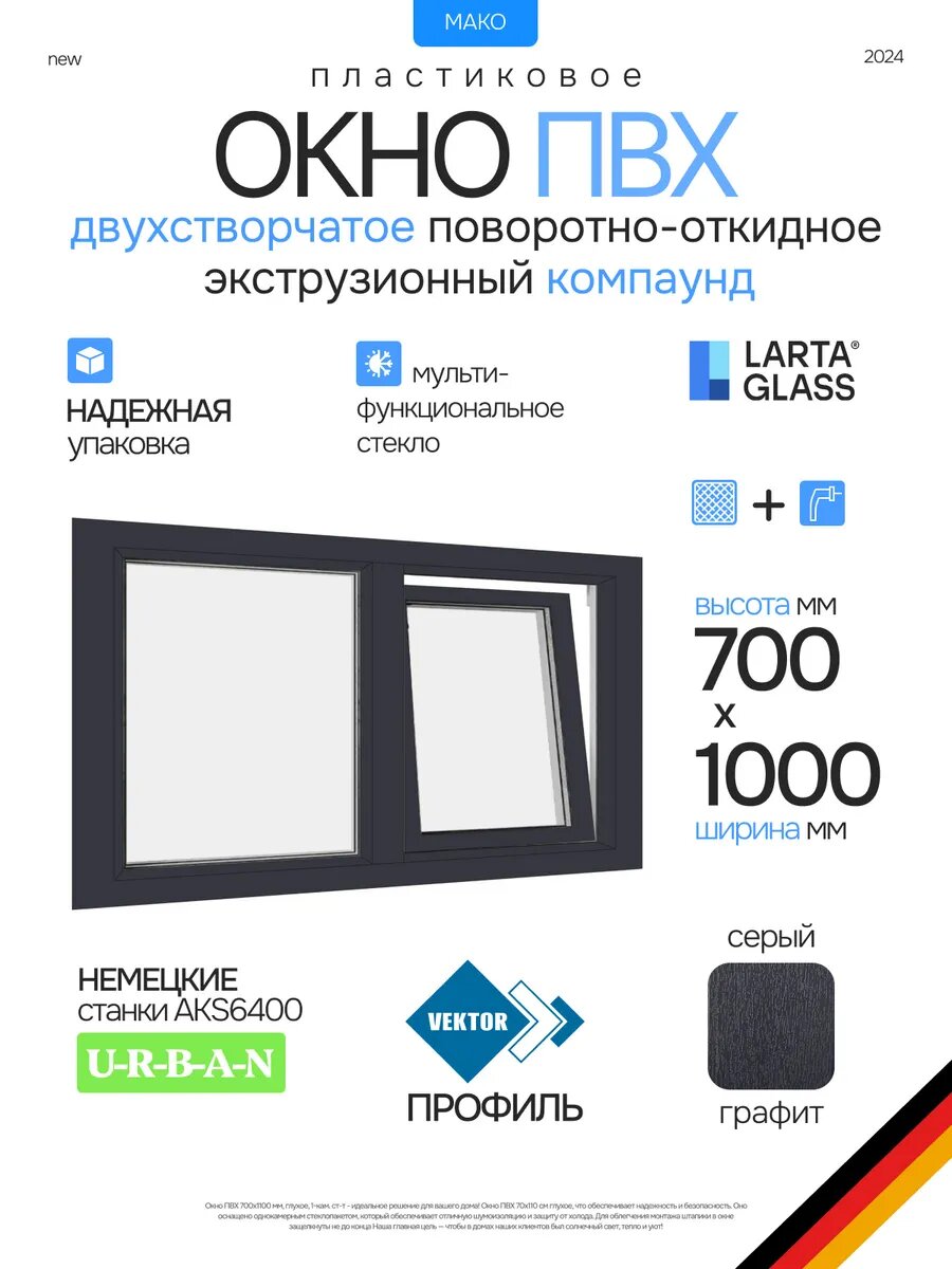 Окно пластиковое ПВХ 70 х 100 см двухстворчатое левое открывание серое однокамерный энергосберегающий стеклопакет