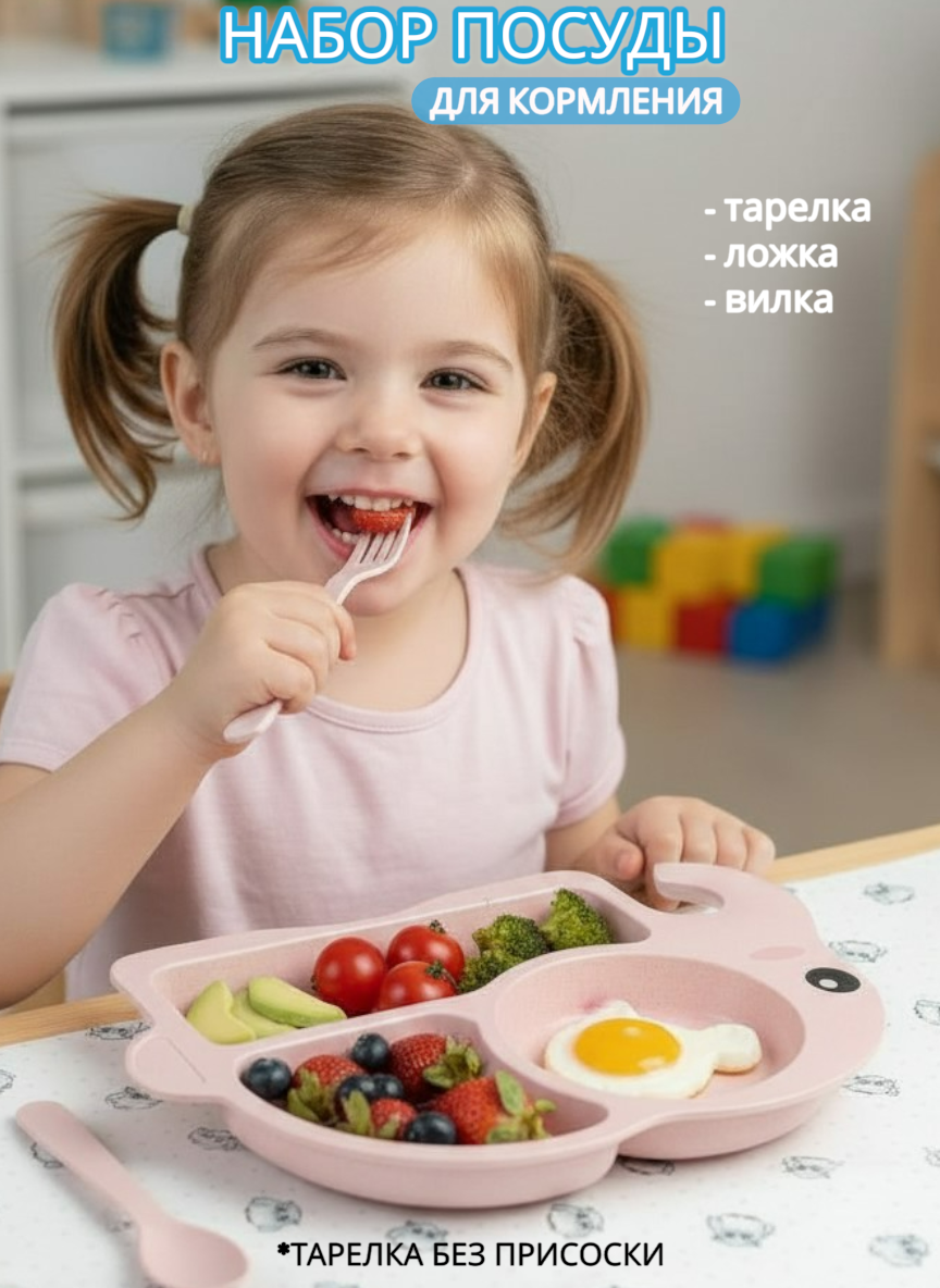 Набор детской посуды для кормления Слонёнок розовый, с тарелкой, ложкой и вилкой