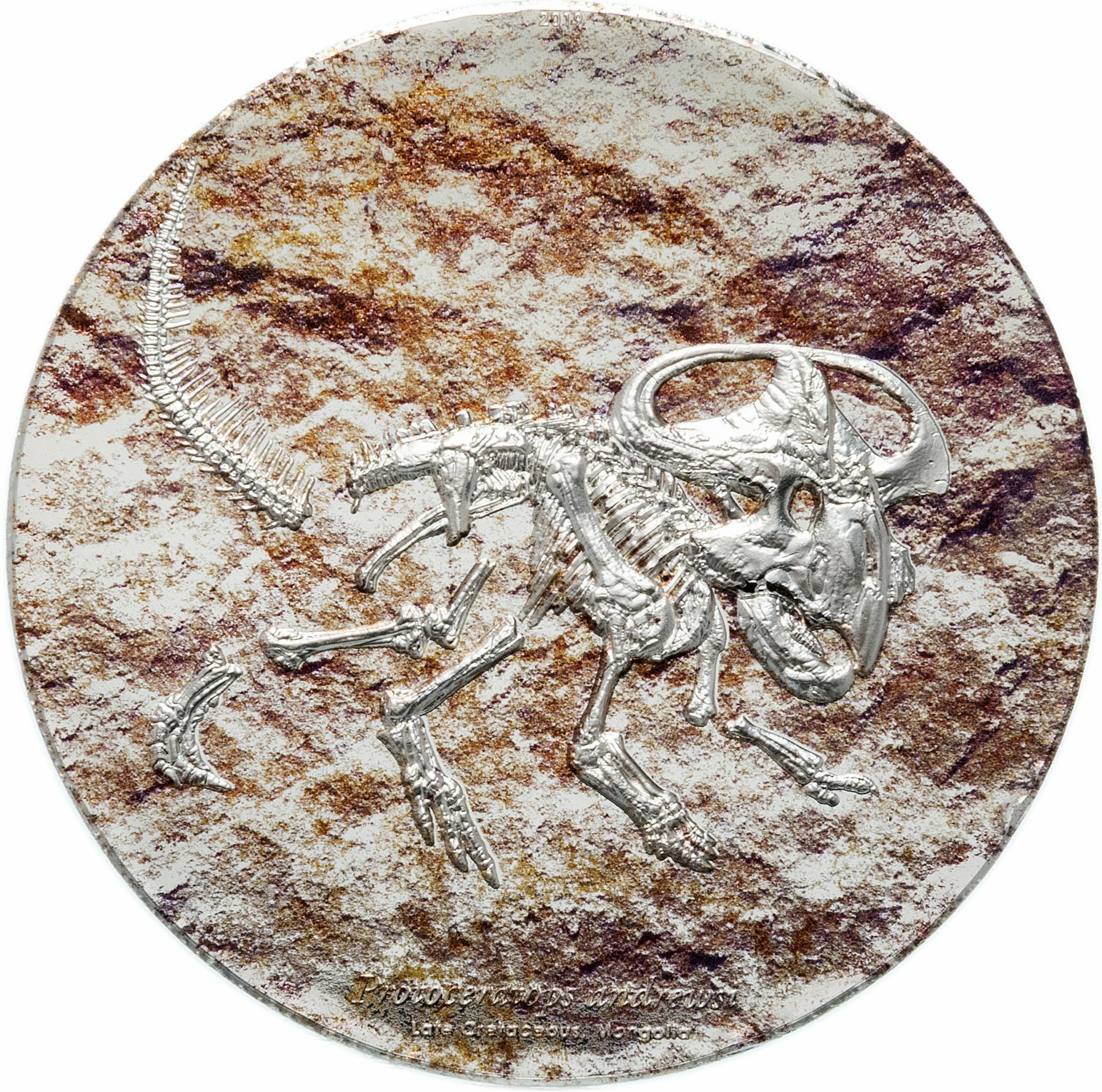 Монголия 2000 тугриков 2019 "Динозавр - Протоцератопс", в футляре, Серебро 999, в сохранности UNC