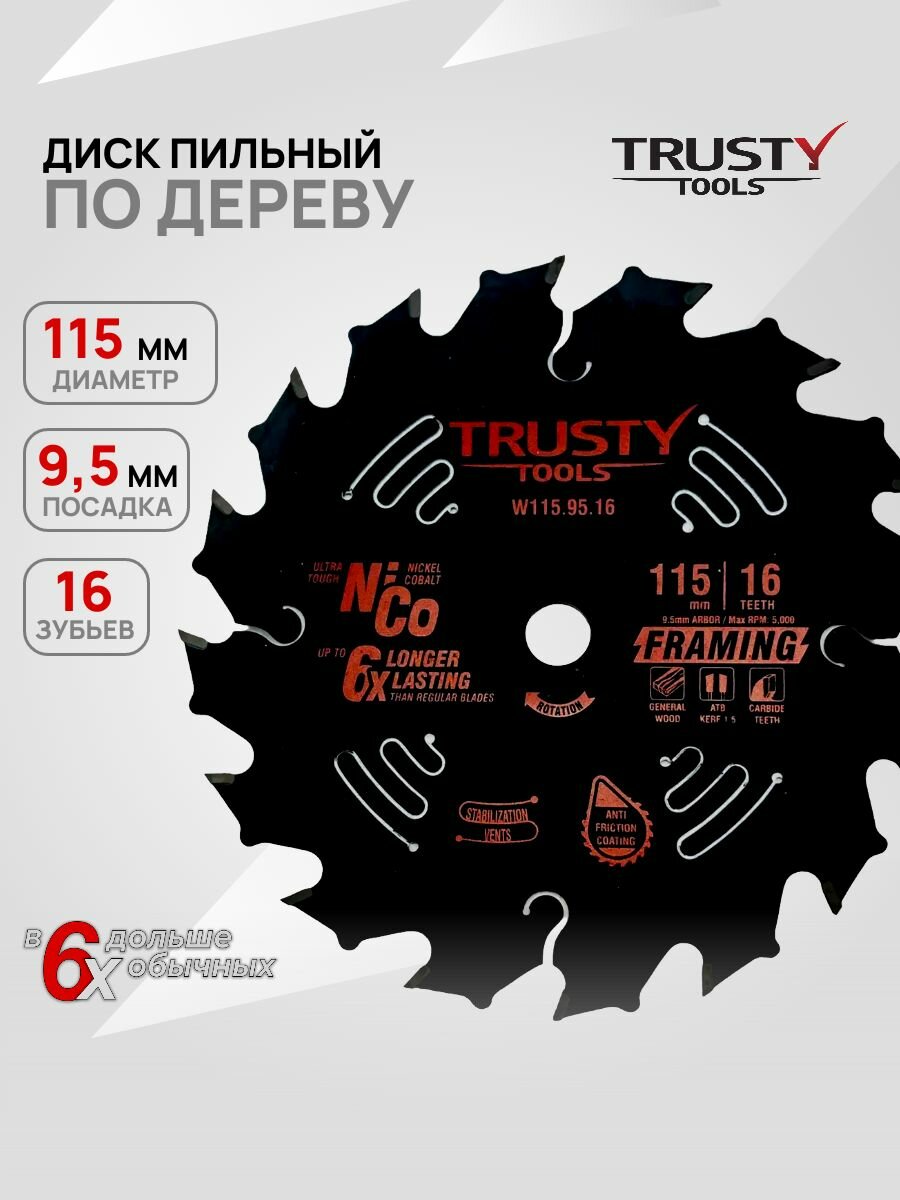 Пильный диск по дереву 115х1,5/1.1х9.5 мм Z16 Trusty-Tools Framing для циркулярной мини-пилы тефлоновое покрытие