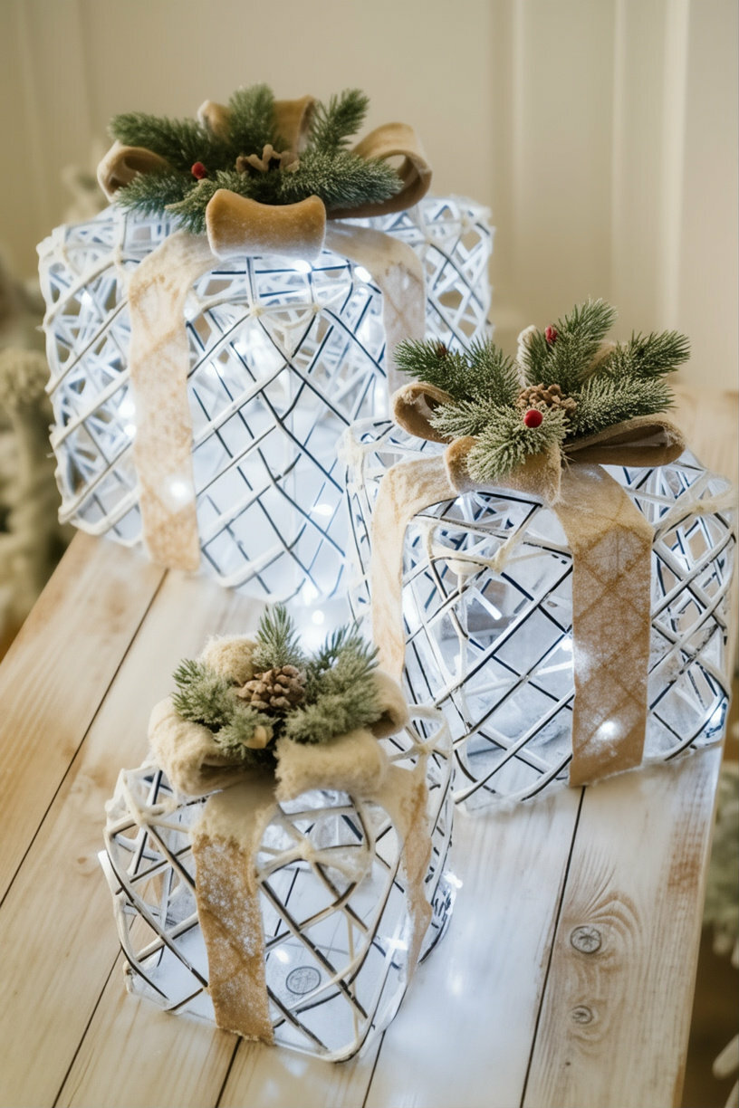 Набор светящихся декоративных коробок рекуэр, ротанг, 60 тёплых белых LED-огней, 15/20/25 см, 3 шт, таймер, батарейки, Winter Deco 4080236