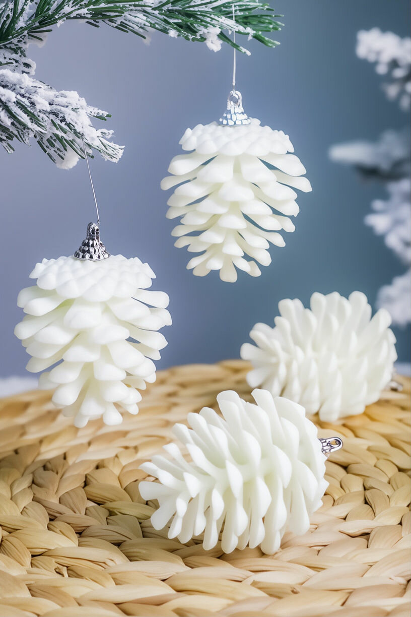 Набор ёлочных украшений искристые шишки, пластик, белый радужный, 6 см, 4 шт, Winter Deco 1001156