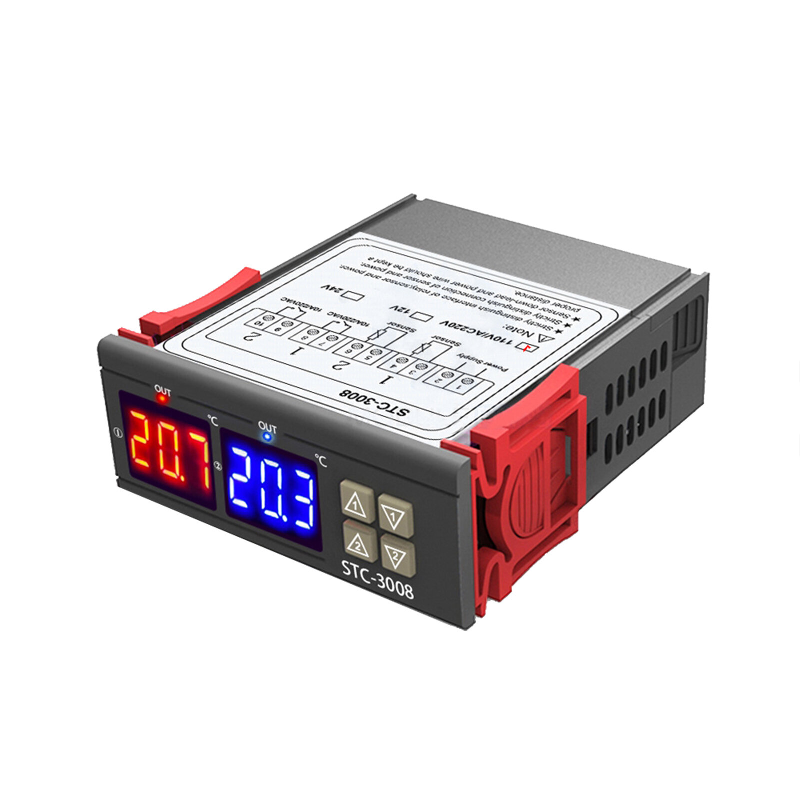 Двухканальный цифровой термостат с дисплеем, регулятор температуры, контроллер температуры с двумя зондными датчиками NTC, датчик нагревателя, два реле выхода, 110-220V, материал ABS, диапазон измерения температуры -50°C ~ +110°C, разрешение 0.1°C,