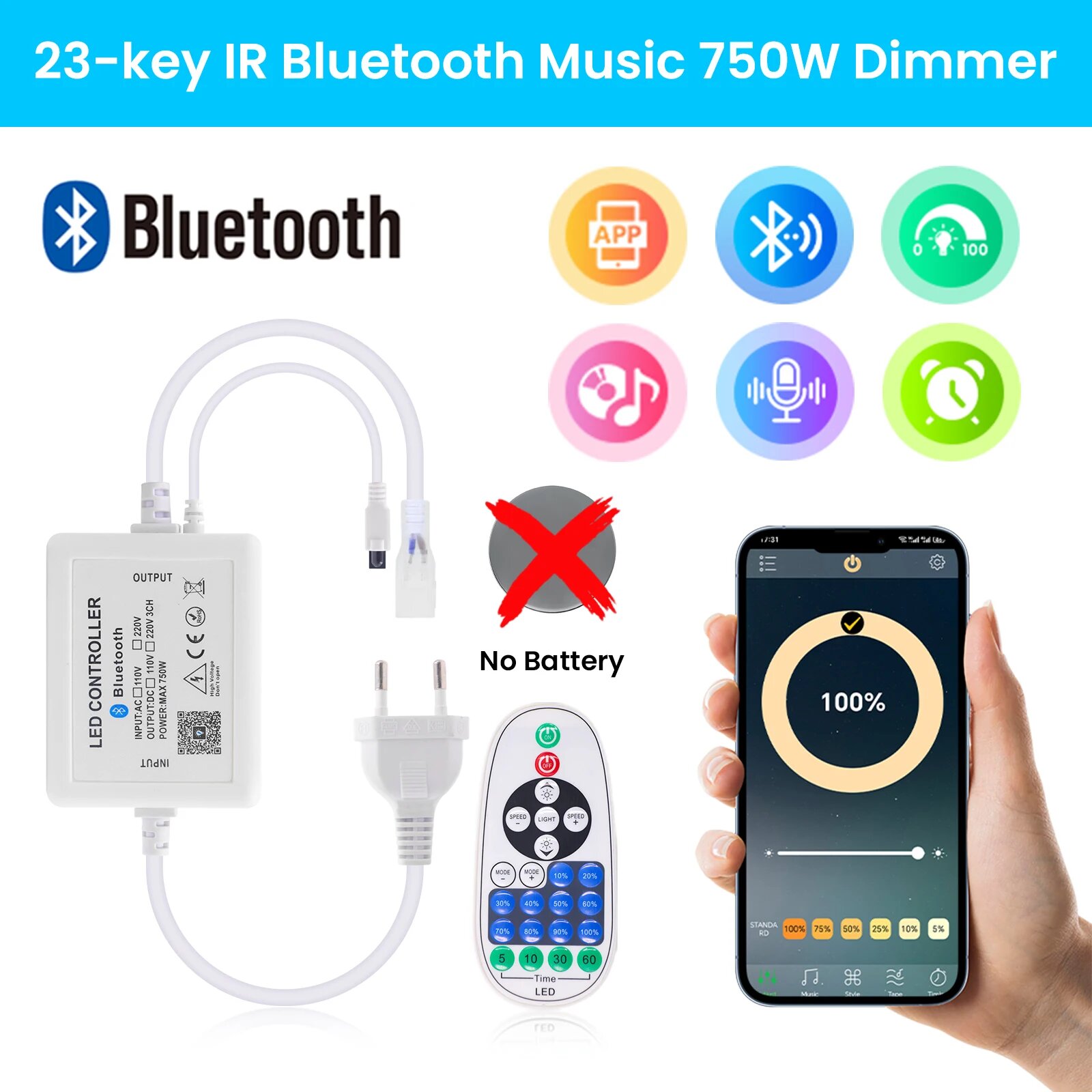 GAHADA Диммер для светодиодных лент 750Вт с пультом Синий, Bluetooth, 220V EU Plug