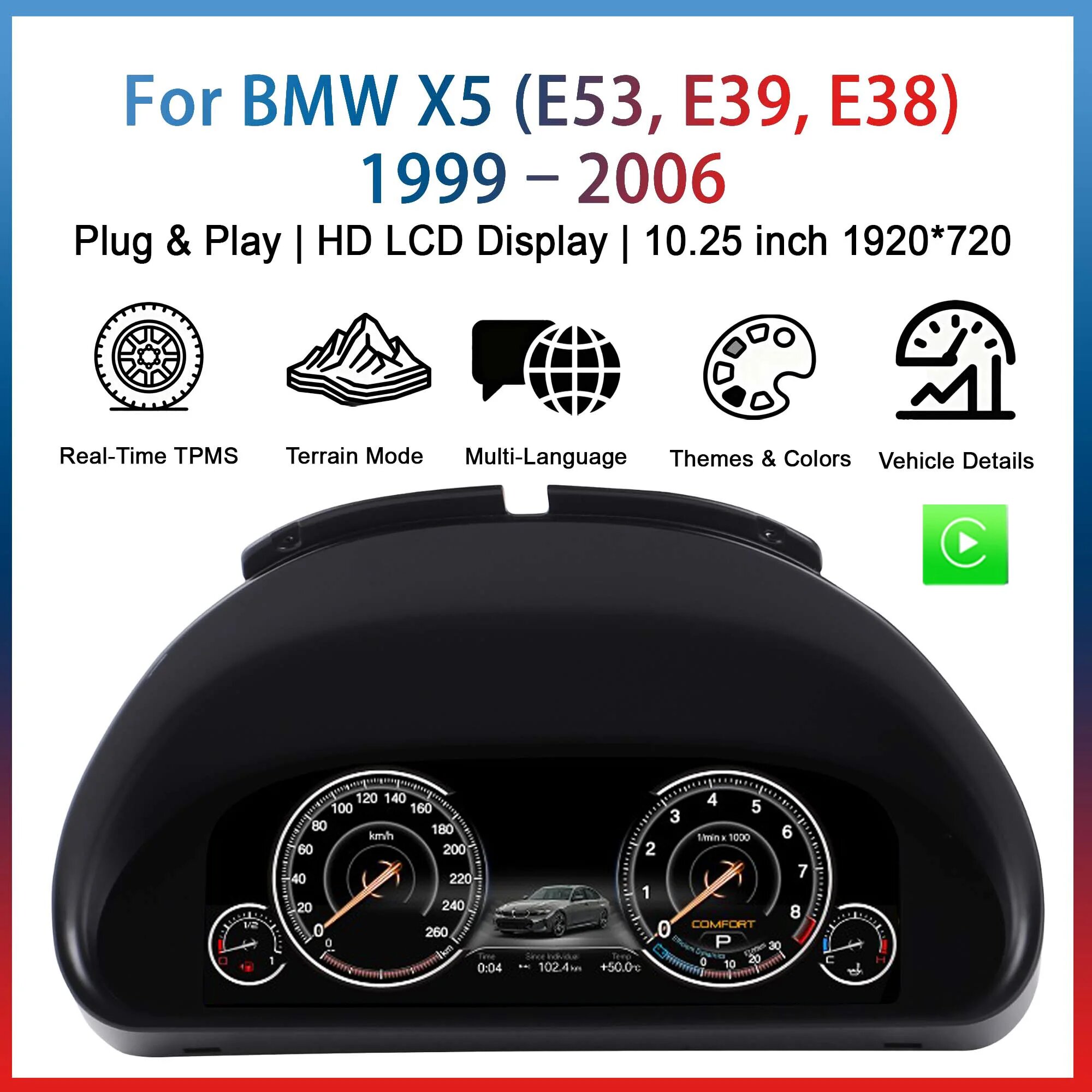Цифровой комплект приборов для BMW X5 E53, E39, E38 1999-2006, беспроводной одометр CarPlay, кластер спидометра, приборная панель, манг, 10,25 дюйма Carplay