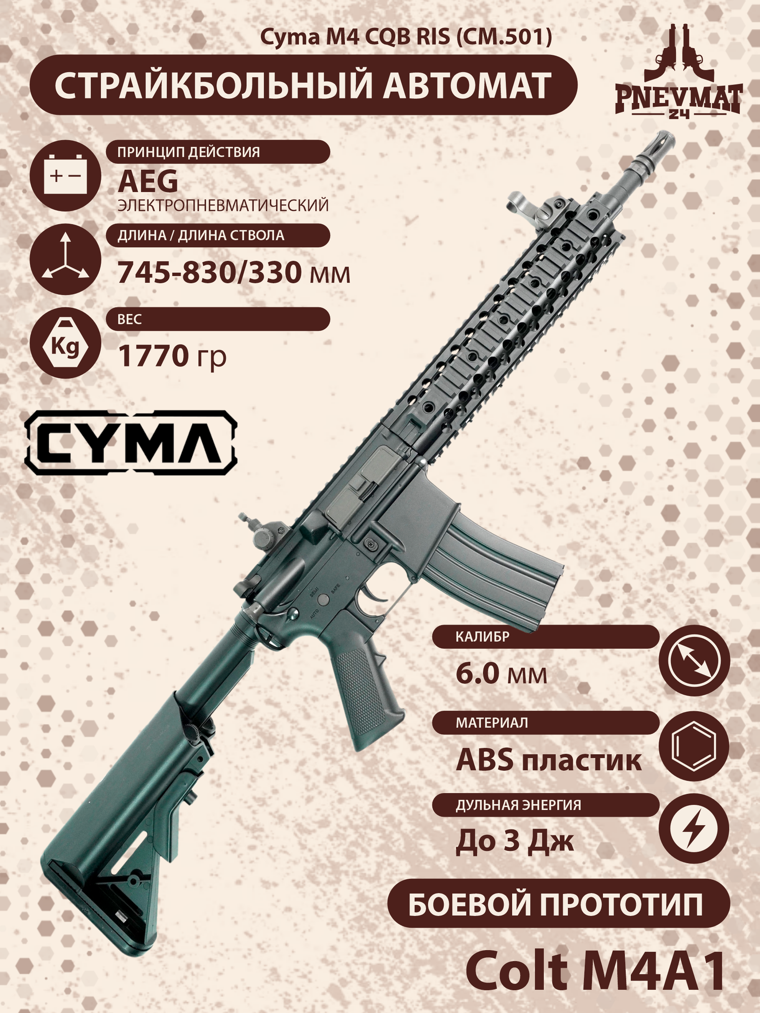 Страйкбольный автомат Cyma M4 CQB RIS, пластик (CM.501)