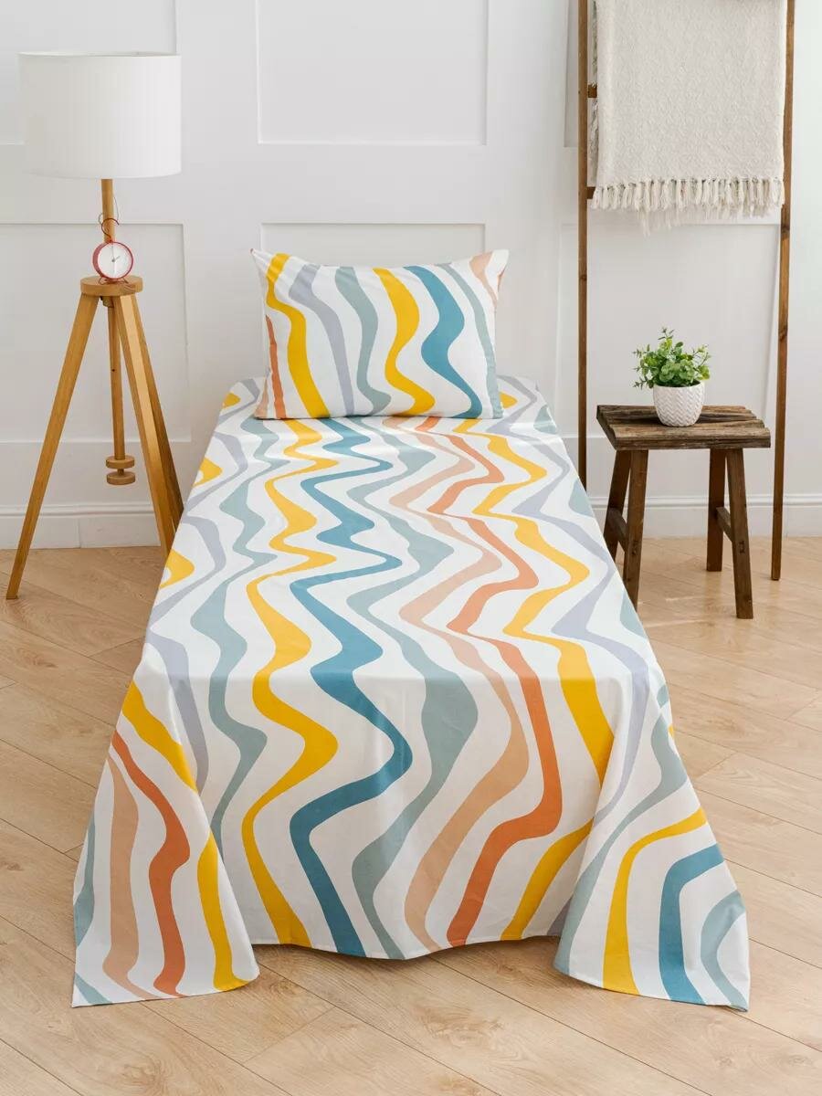 YERRNA Простыня 150х260 см, классическая, аналог икеа, 100% хлопок, перкаль, цветные полосы