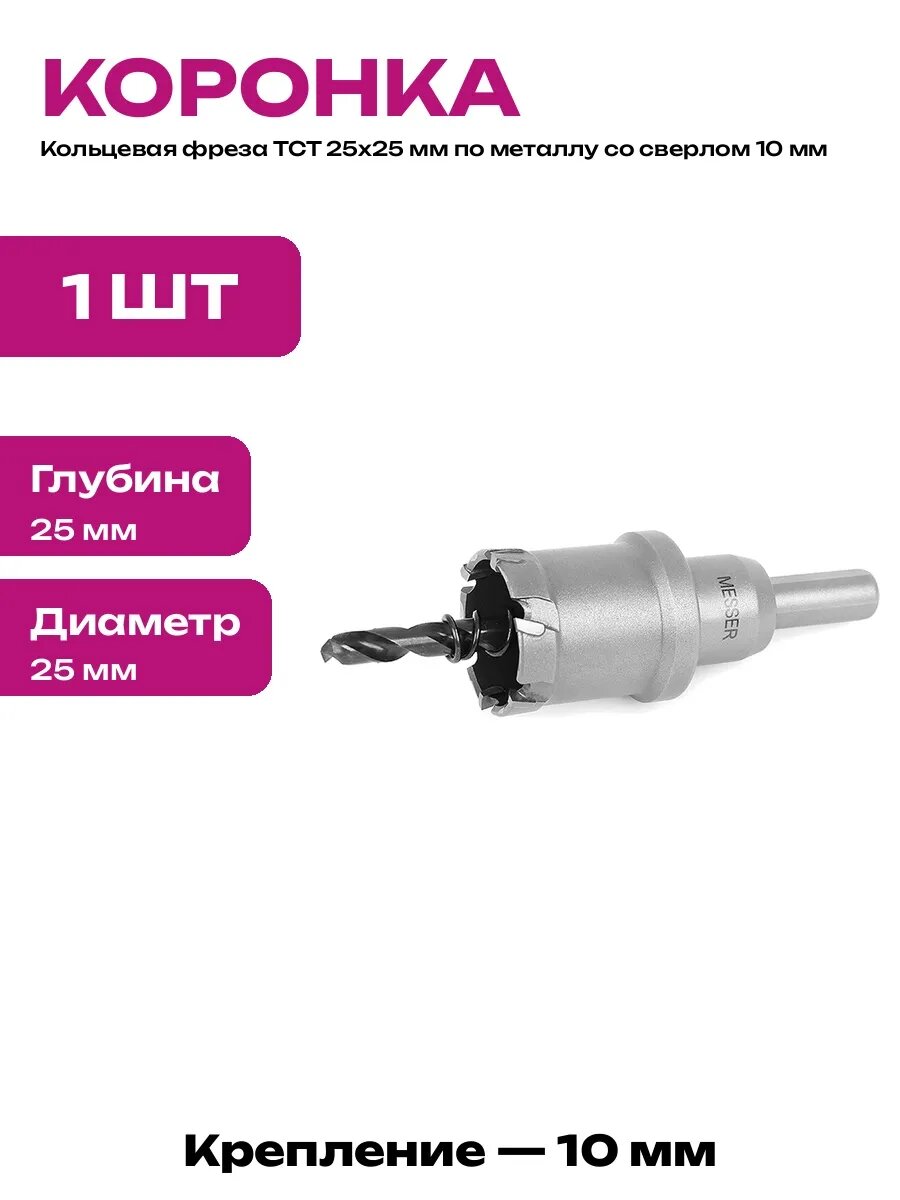 Коронка по металлу ТСТ 25х25 мм с цилиндрическим хвостовиком