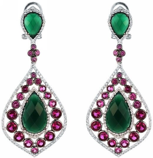 Серьги, серебро, 925 проба, фианит, агат, рубин