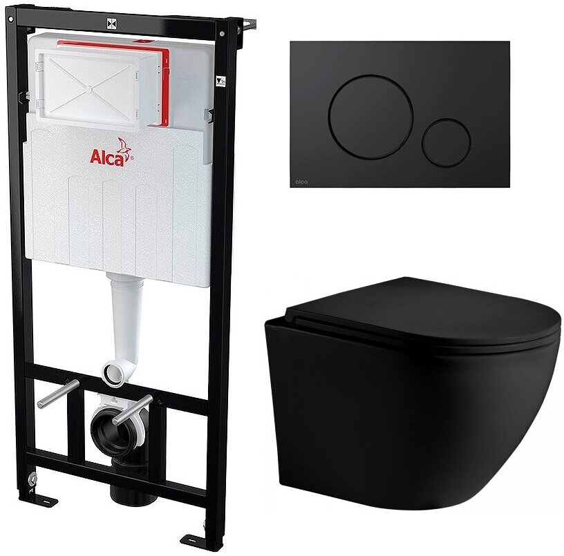 Комплект 3 в 1 инсталляция AlcaPlast + Унитаз подвесной Weltwasser WW Merzbach 043 MT-BL + черная кнопка