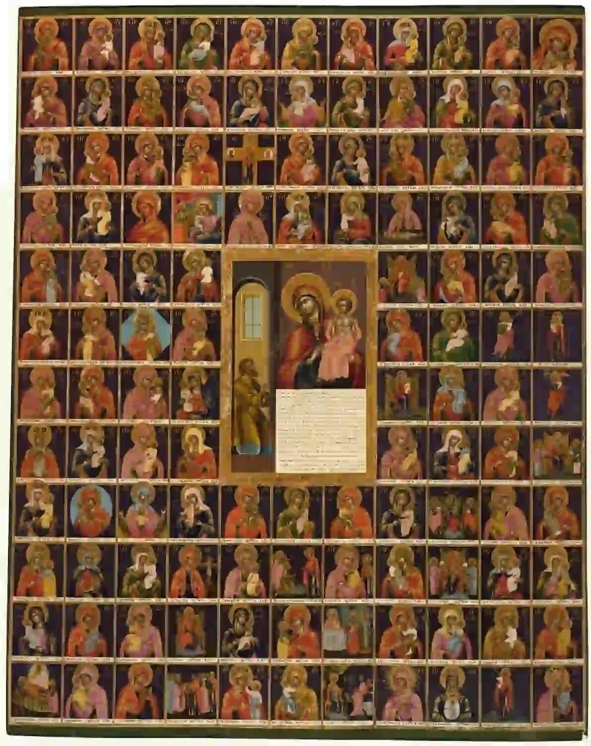 Освященная икона на дереве ручной работы - богоматерь нечаянная радость со 120 чудотворными иконами богоматери. Первая половина XIX века, 15х20х1,8 см, арт А7169