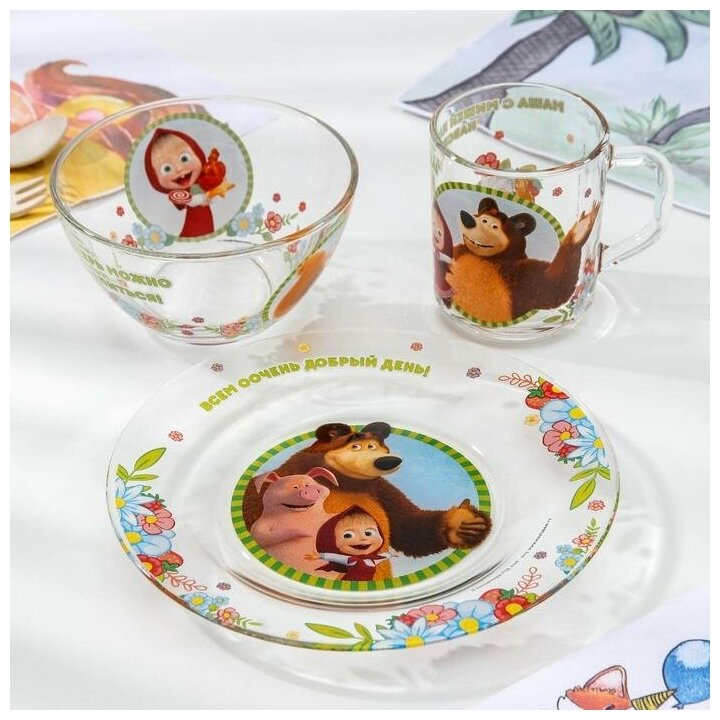 Набор посуды детский «Маша и Медведь. Добрый день», 3 предмета: кружка 250 мл, салатник d=13 см, тарелка d=19.5 см, стекло