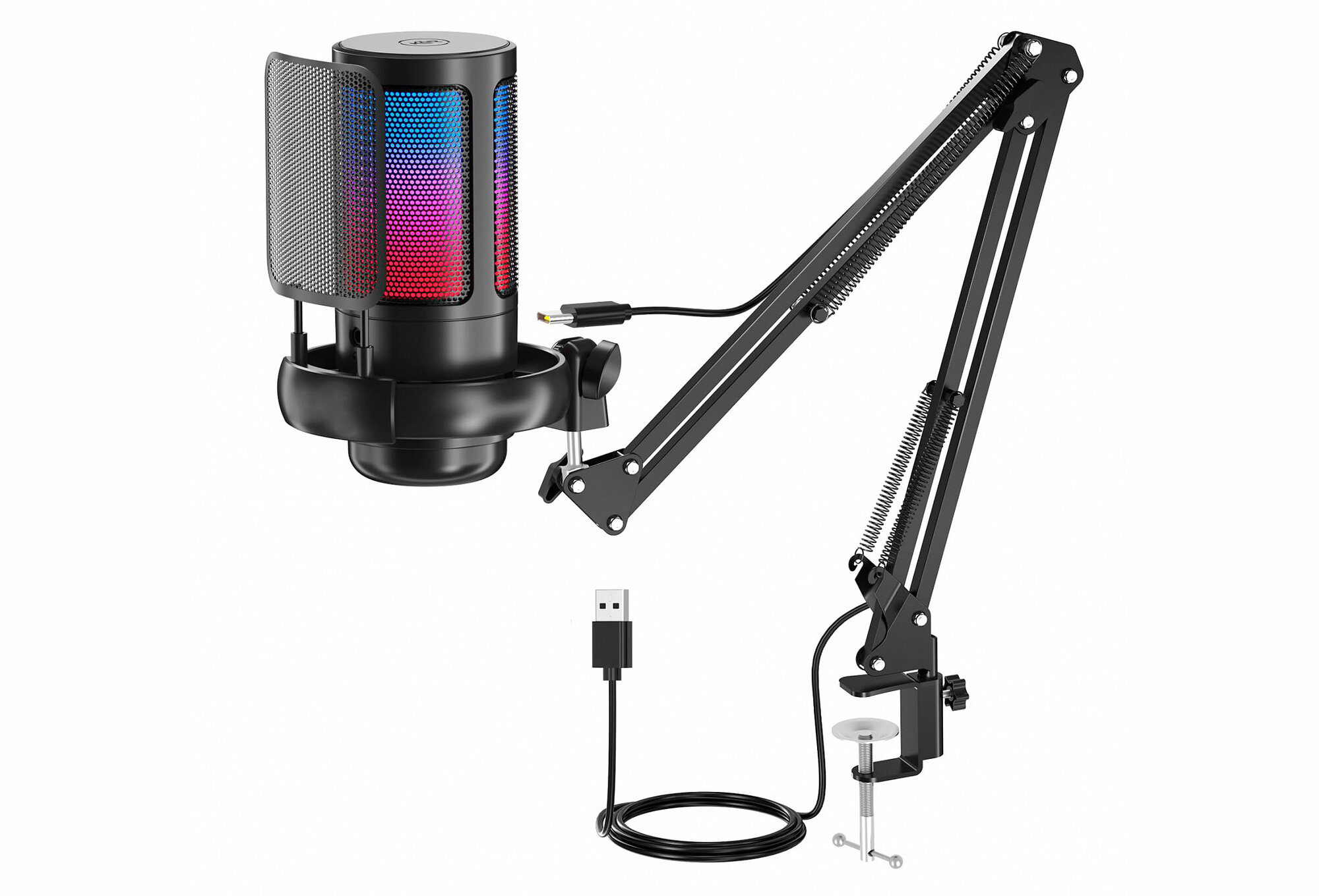 Микрофон конденсаторный проводной Орбита OT-PCS08A на стойке, подсветка RGB, кабель USB 1,8м