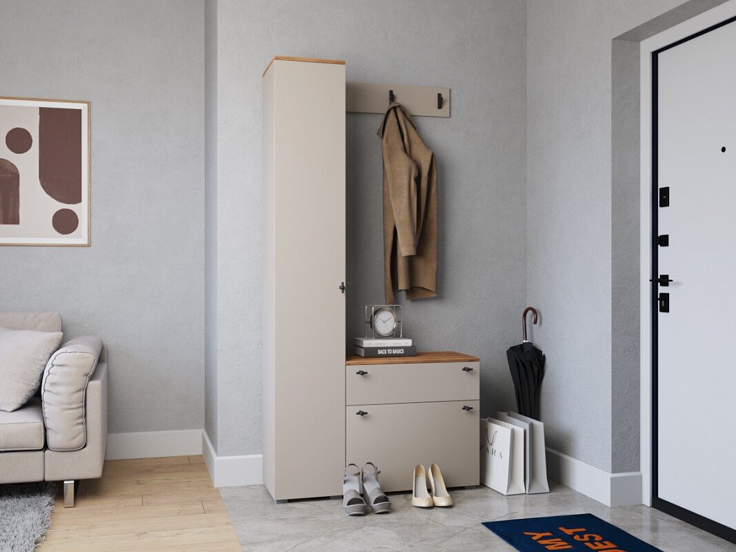 Прихожая МебельЛэнд24 Квели - 7 Кашемир 98x35x200 бежевый для одежды со шкафом с тумбой с вешалкой