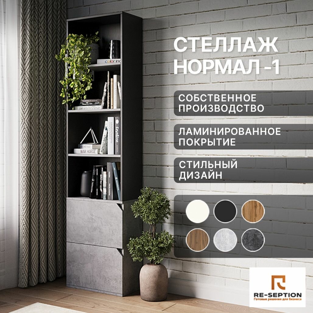 Стеллаж напольный пристенный "Нормал-1" Черный/Цемент Светлый, 500х1950х250